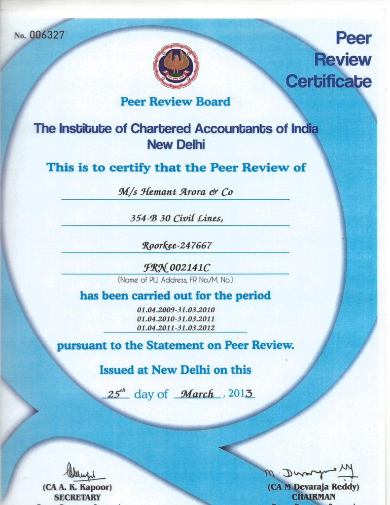 Peer Review by ICAI – Hemant Arora Peer Review by ICAI – Hemant Arora