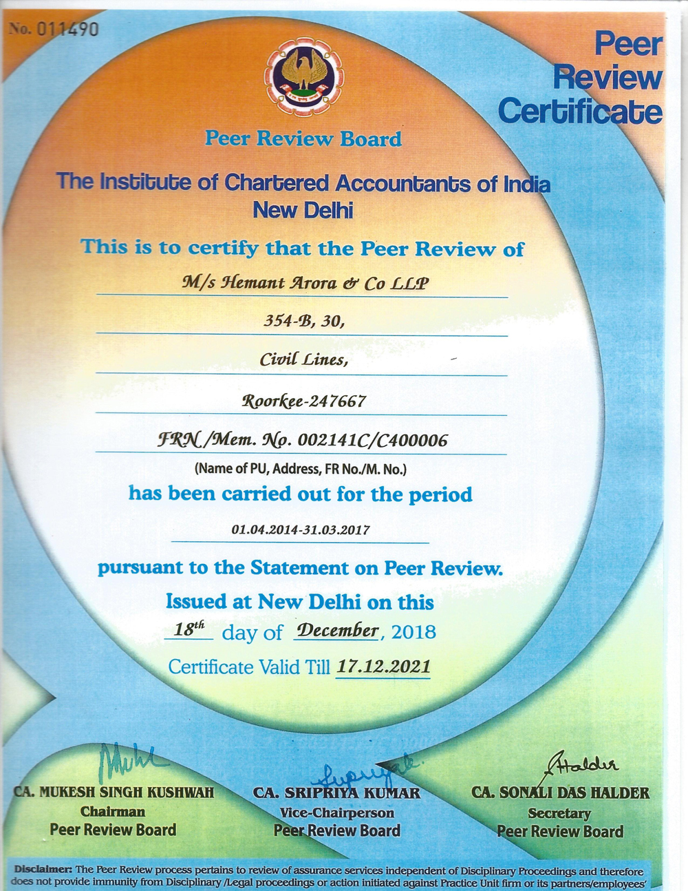 Peer Review by ICAI – Hemant Arora Peer Review by ICAI – Hemant Arora